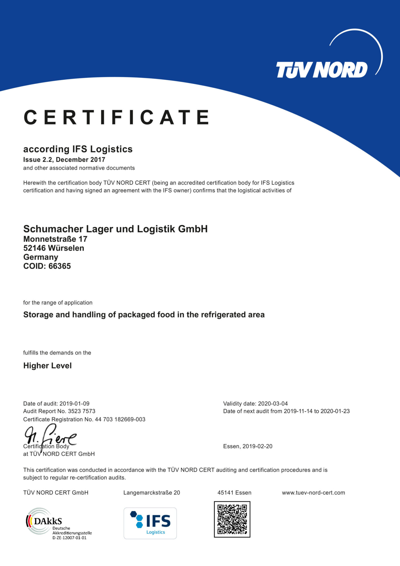 IFS Logistics certificate - Schumacher Lager und Logistik