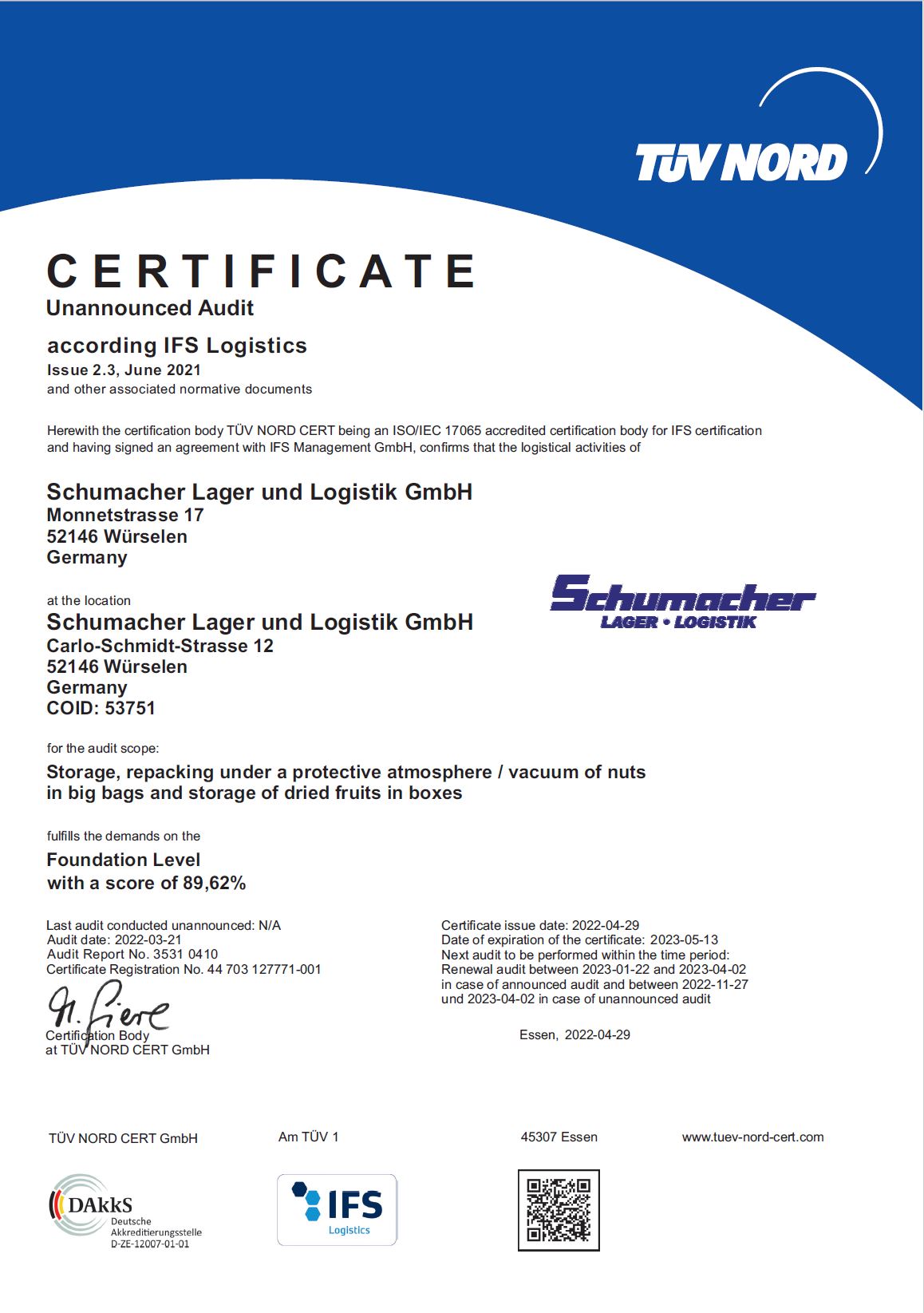 Certificate according to IFS Logistics CS – Schumacher Lager und Logistik