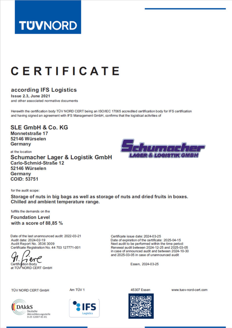 Certificate according to IFS Logistics CSS 2024 - Schumacher Lager und Logistik